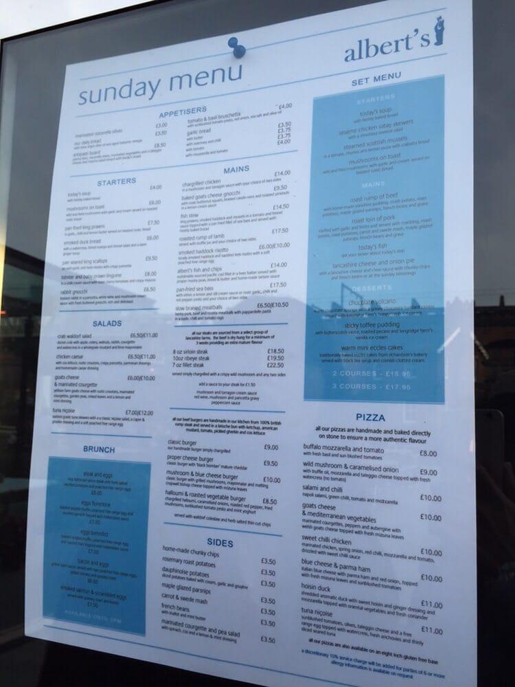 Menu at Albert's Shed, Castlefield restaurant, Manchester
