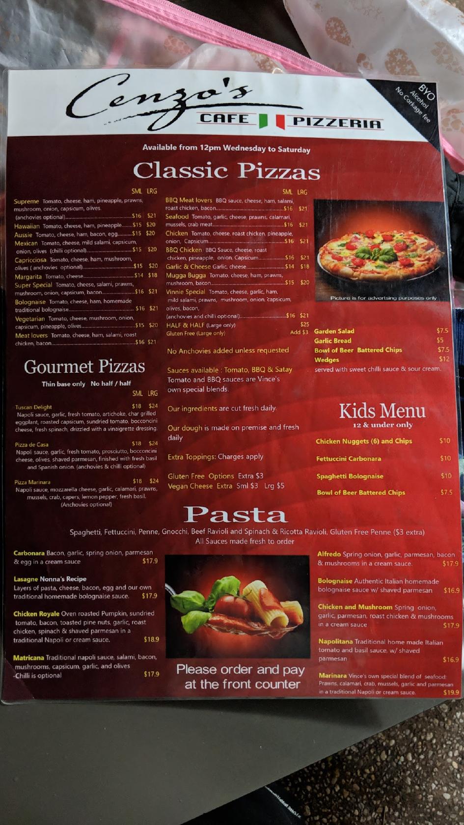 Menu at Cenzo's Cafe And Pizzeria., Maroochydore