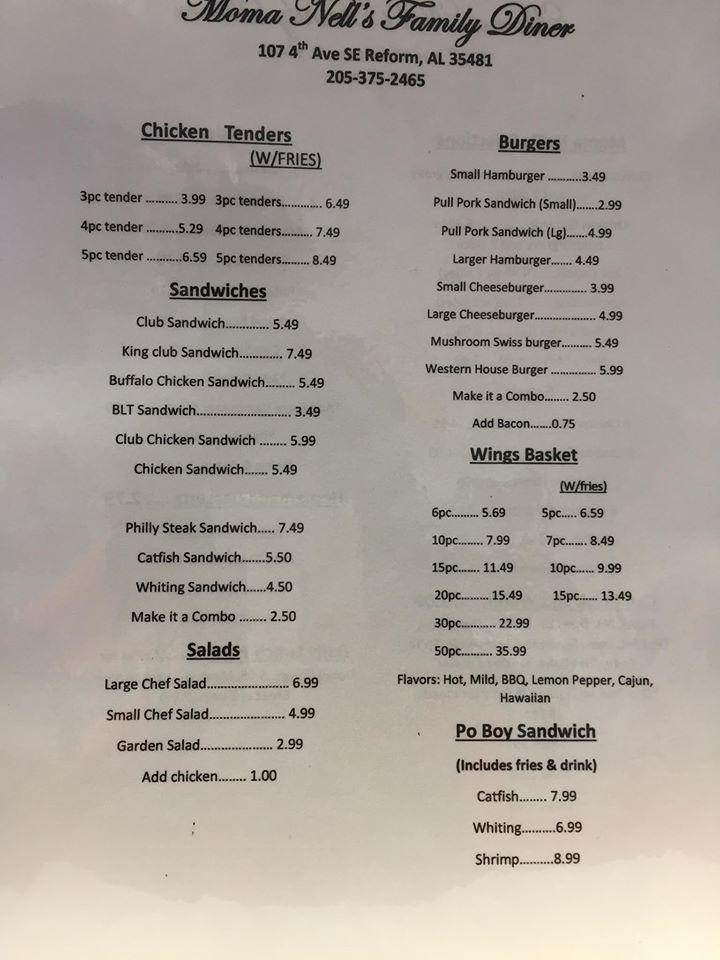 Menu at MOMA Nell's Family DINER, Reform