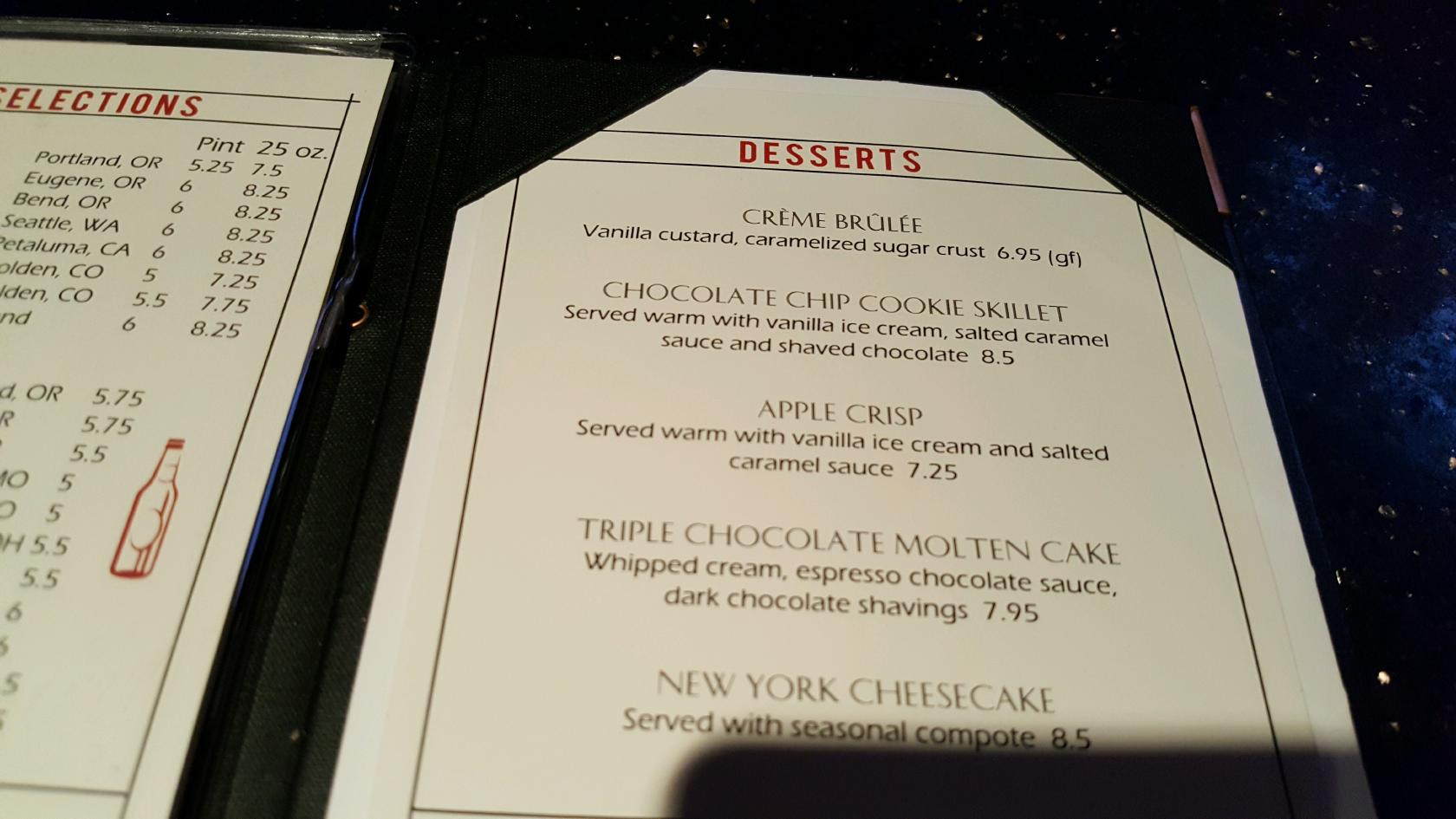 Menu at Stanford's Tanasbourne restaurant, Hillsboro