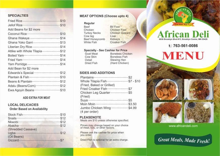 Menu at African Deli restaurant, Brooklyn Center, Brooklyn Blvd #13