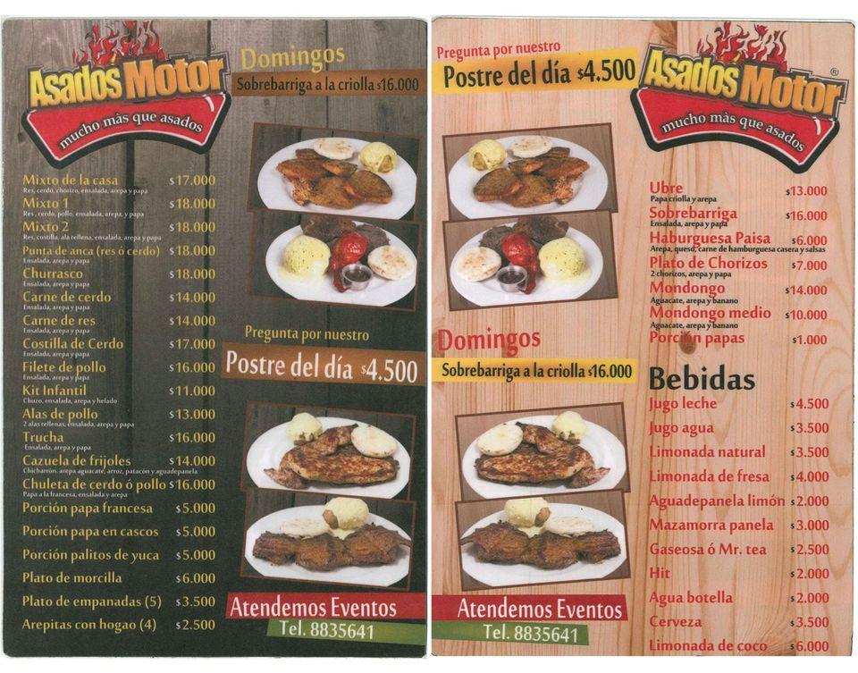 Menu at Asados Motor restaurant, Manizales, Calle 8b No. 9c-74
