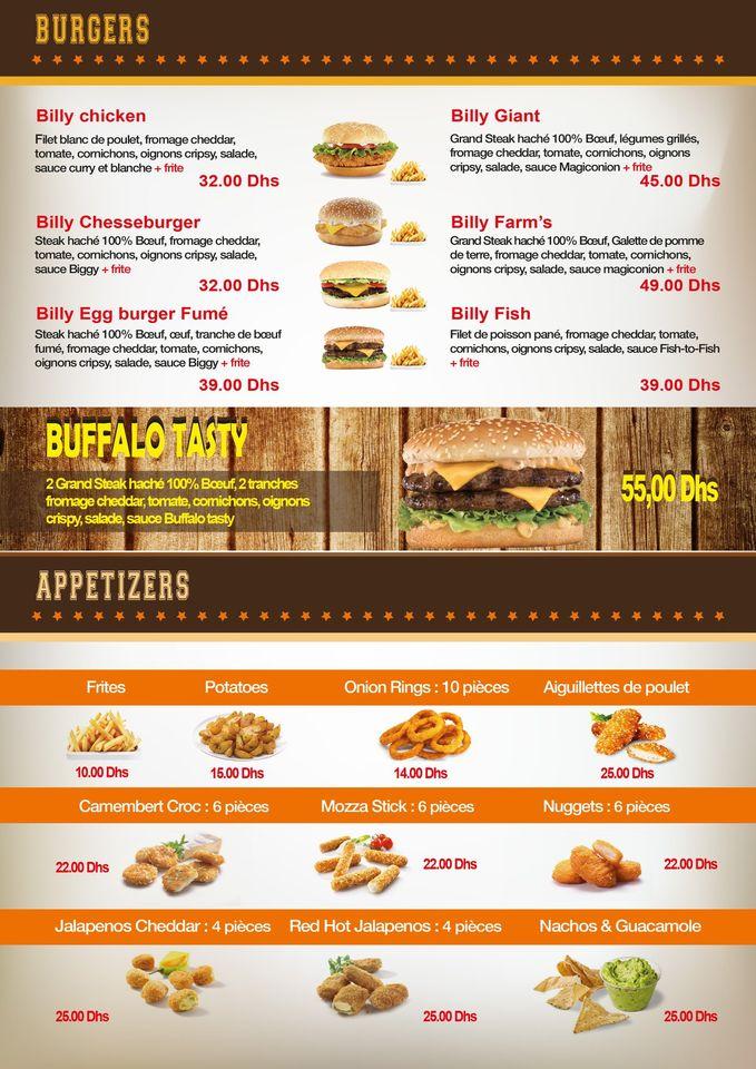 Menu at Billy House restaurant, Casablanca