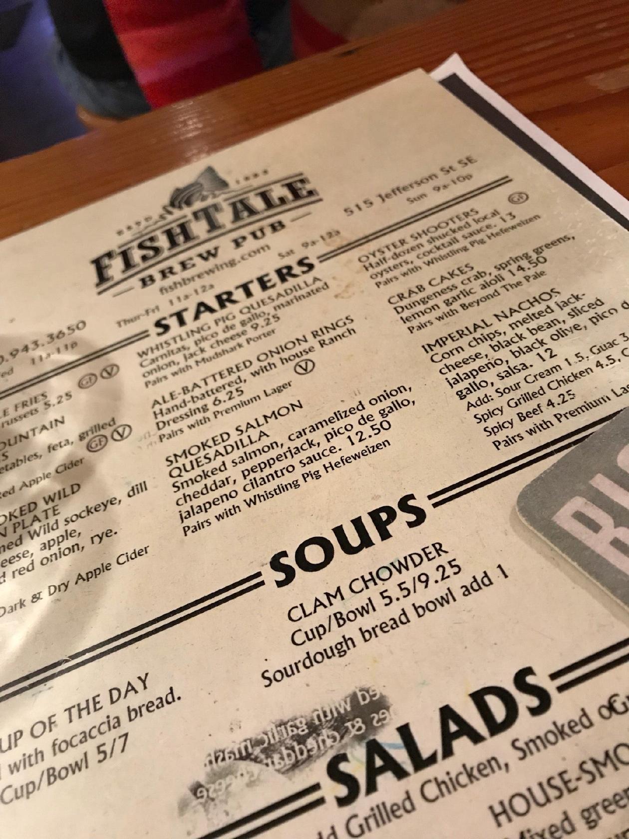 Menu at Fish Tale Brew Pub, Olympia