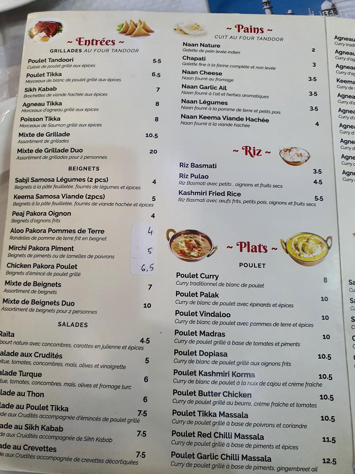 Menu at Royal Kashmir restaurant, Clamart