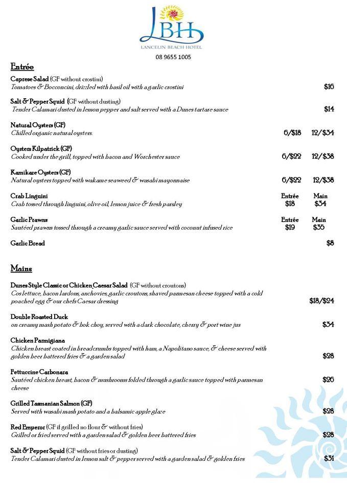 Menu at The Dunes restaurant, Lancelin, 1 North St