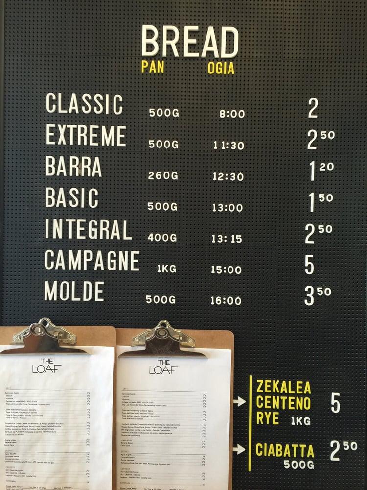 Menu at The Loaf restaurant, San Sebastián, Zurriola Hiribidea