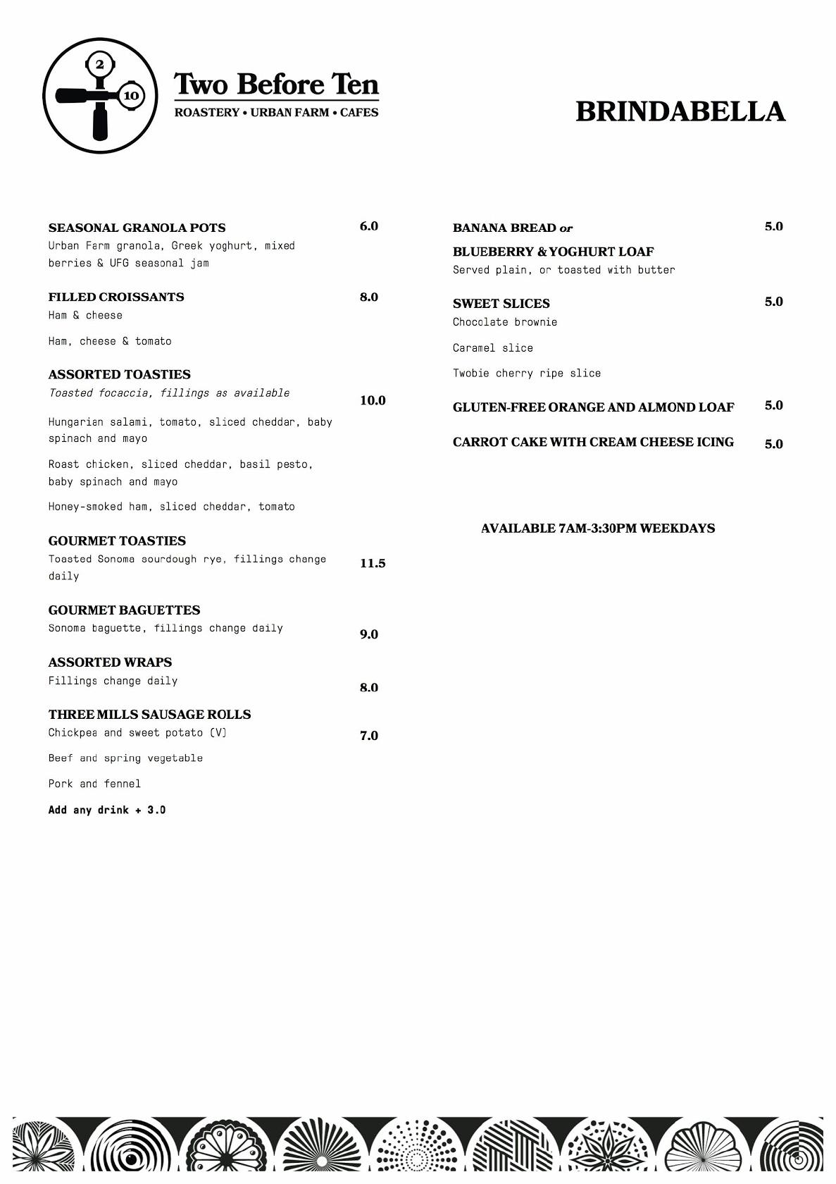 Menu at Two Before Ten Brindabella pub & bar, Australia