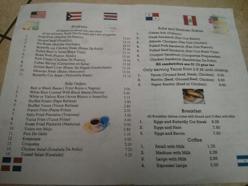 Menu at Vargas Cafe, Cape Canaveral