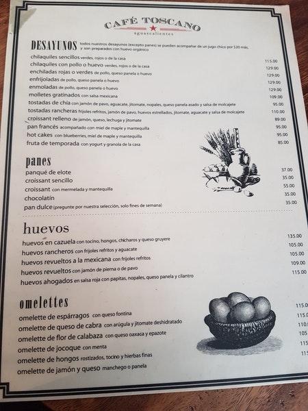 Menu at Café Toscano, Mexico City, Aguascalientes 214