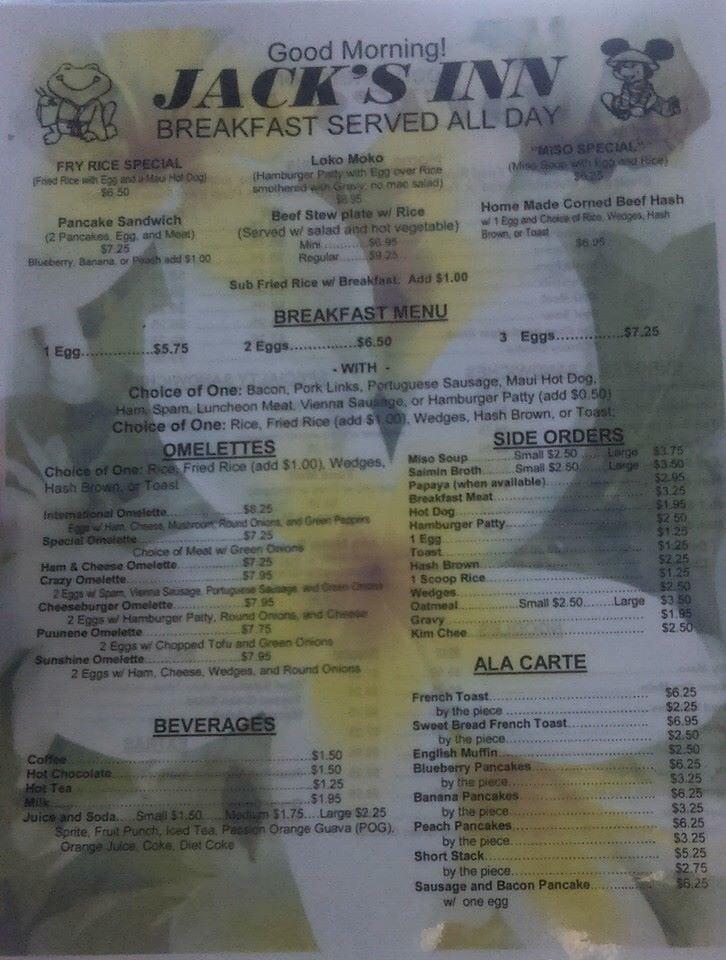 Menu at Jack's Inn restaurant, Kahului