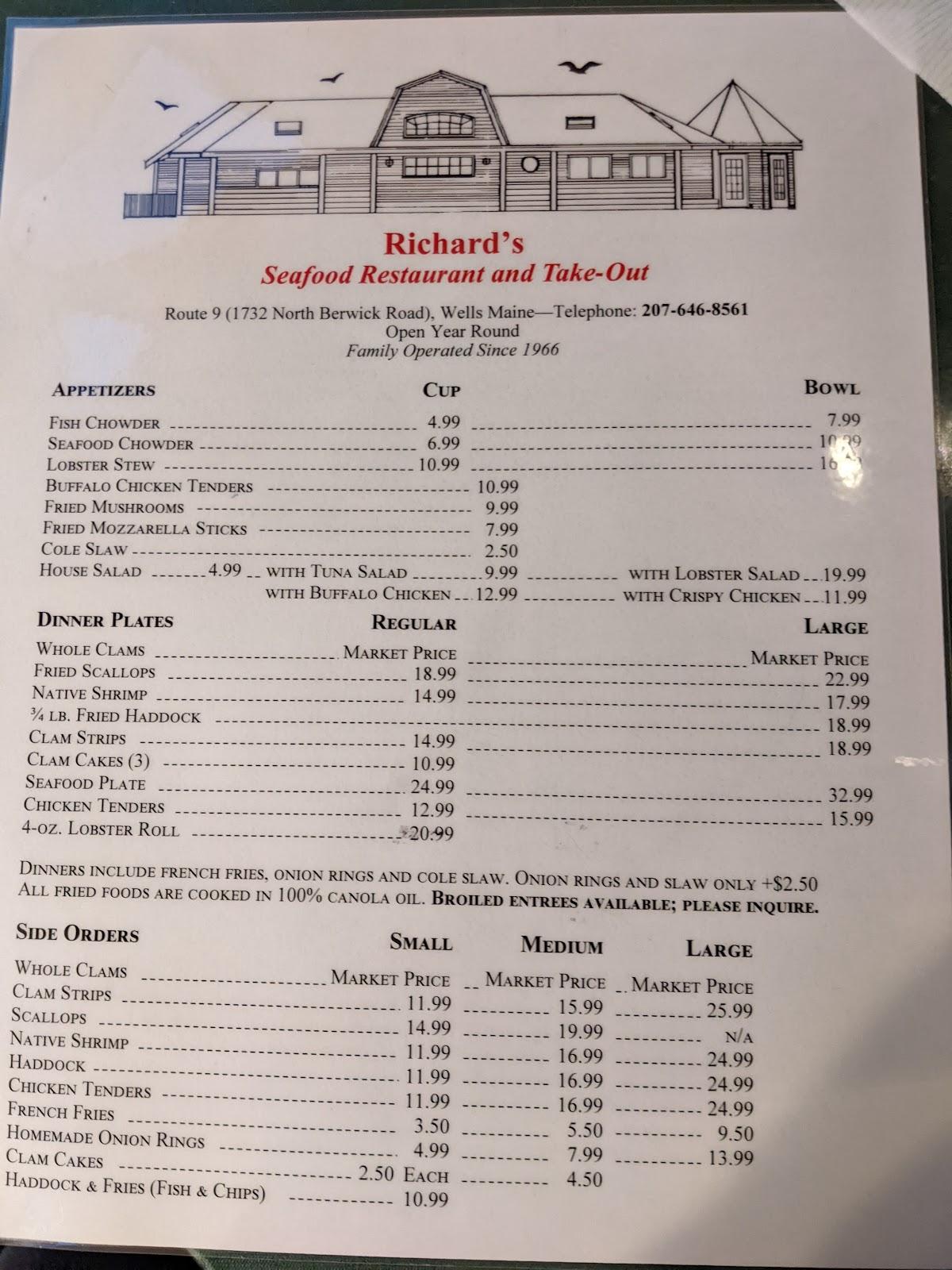 Menu at Richard's Seafood Restaurant, Wells, N Berwick Rd