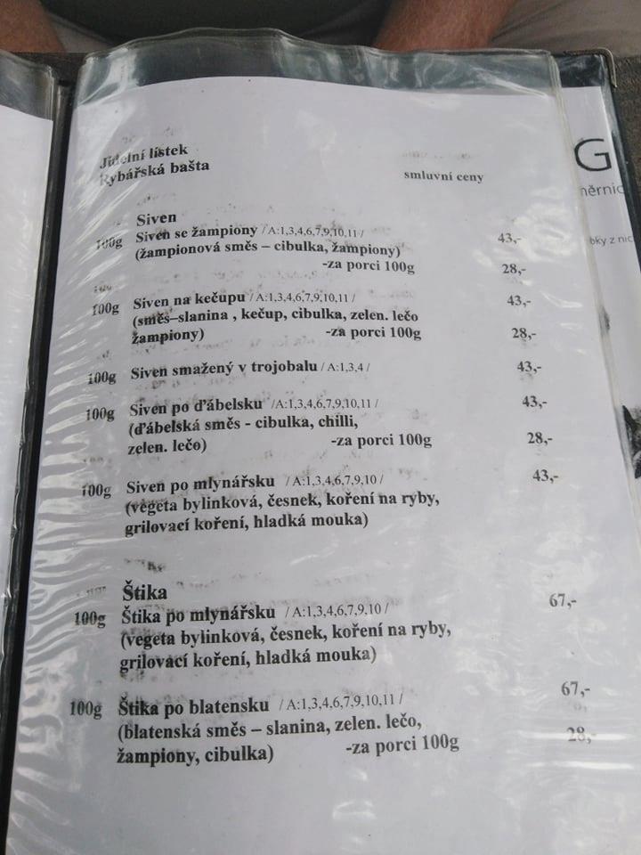 Menu at Rybářská bašta restaurant, Malá Morava