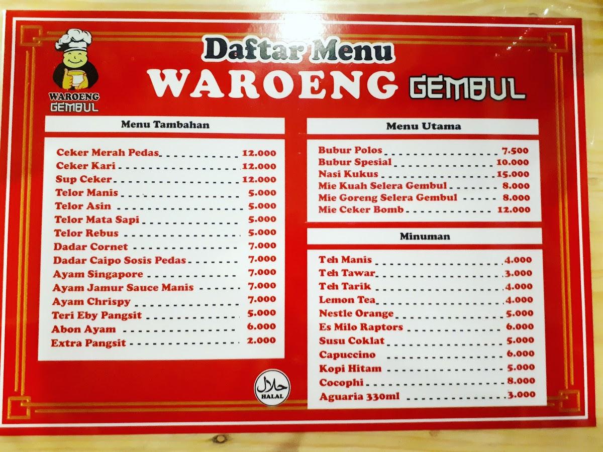 Menu at Waroeng Gembul restaurant, Purwokerto