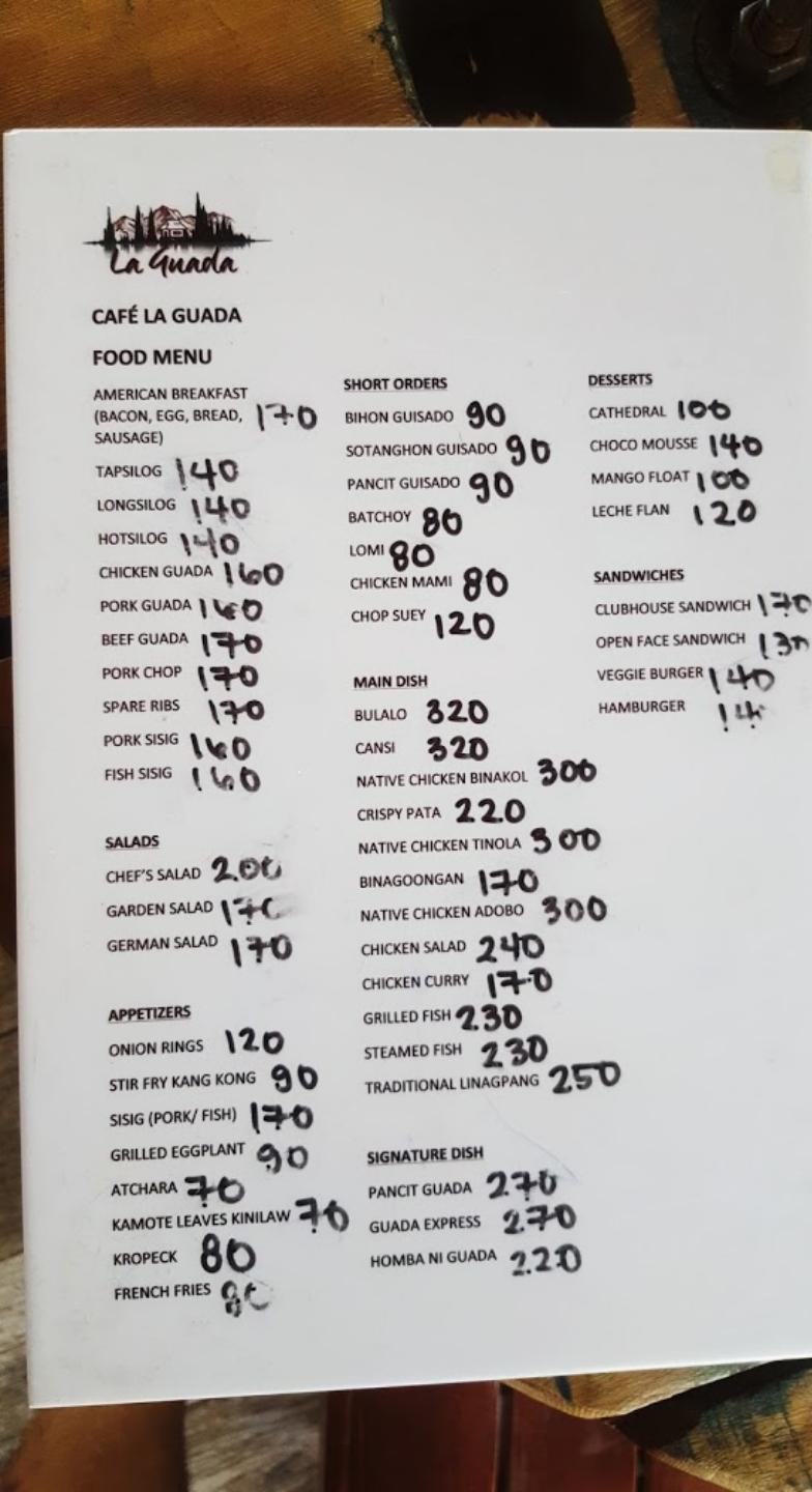 Menu at Cafe La Guada, San Carlos City