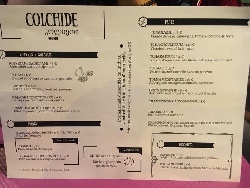 Menu at Colchide restaurant, Paris, 97 Rue des Poissonniers