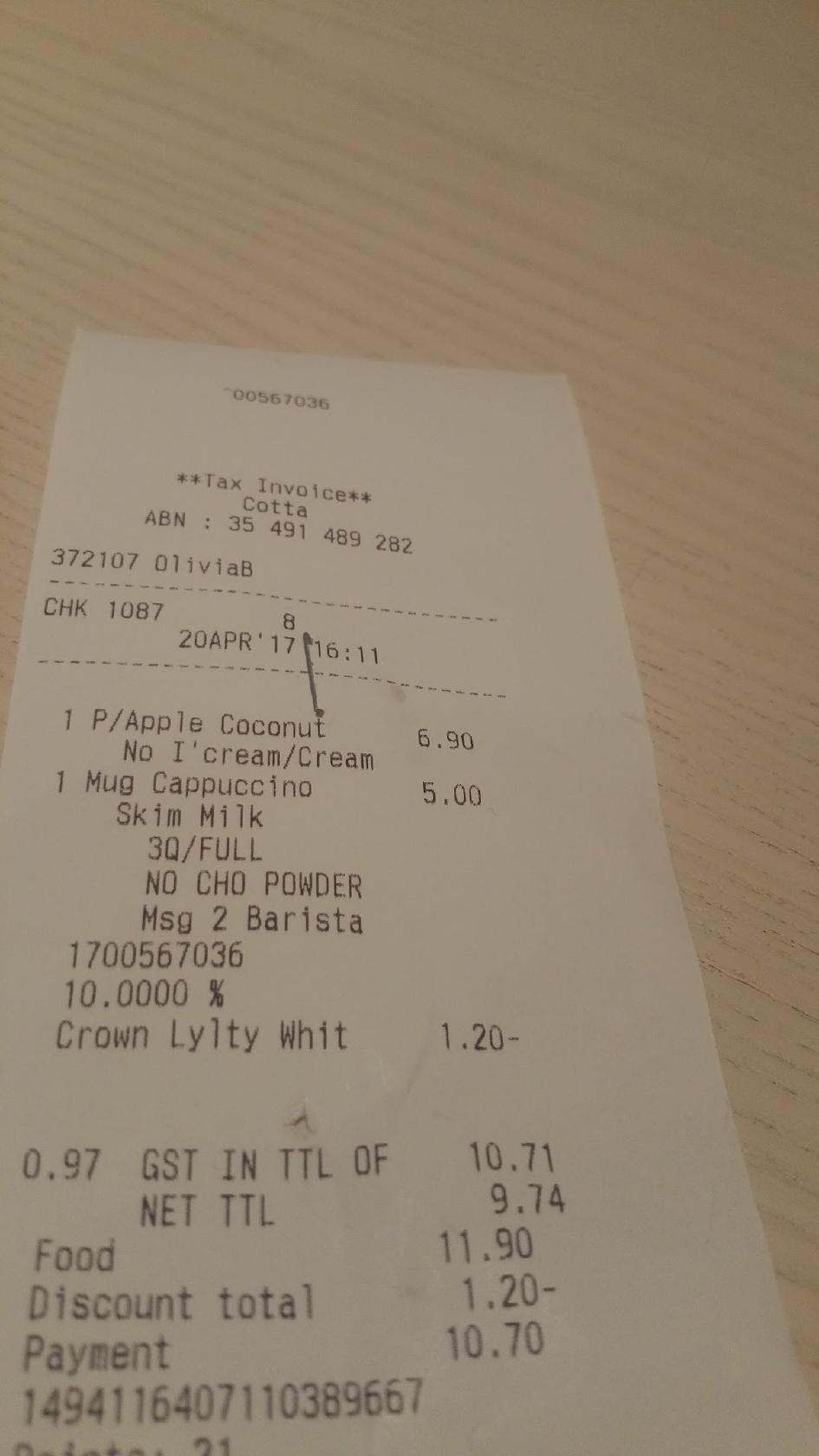 Menu at Cotta Cafe, Perth, Crown Casino Crown Perth