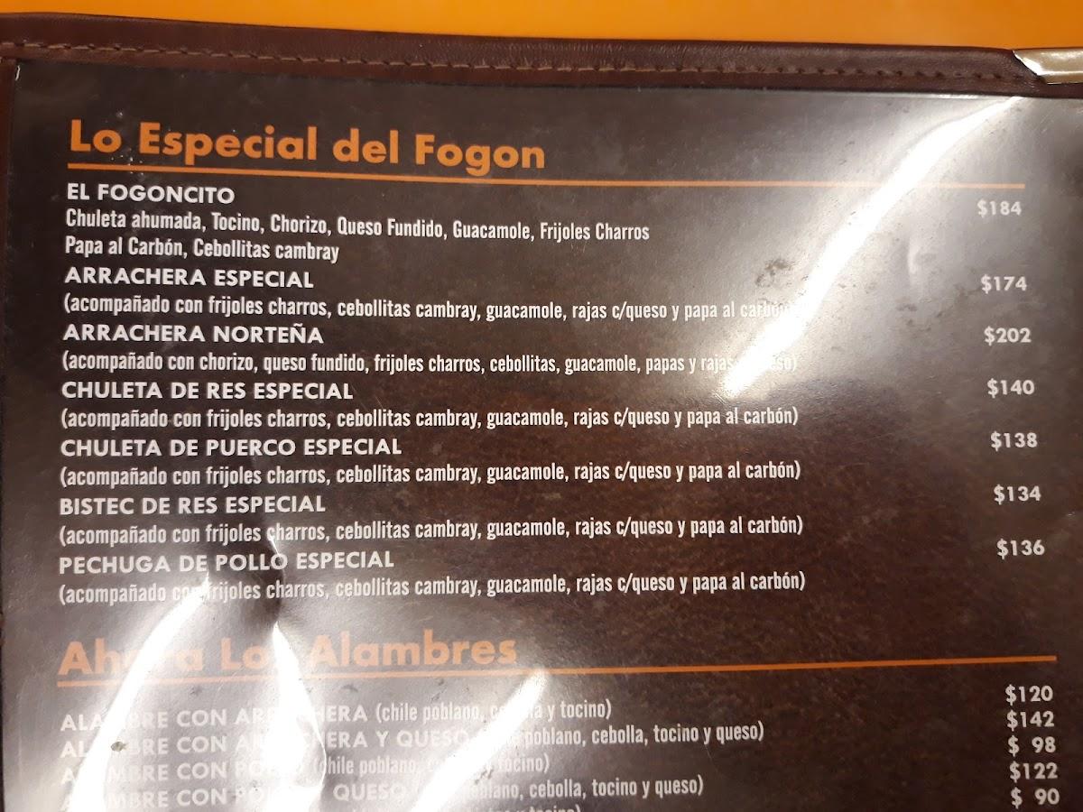 Menu at El Fogon restaurant, Playa del Carmen, P.º del Pedregal 1346-I