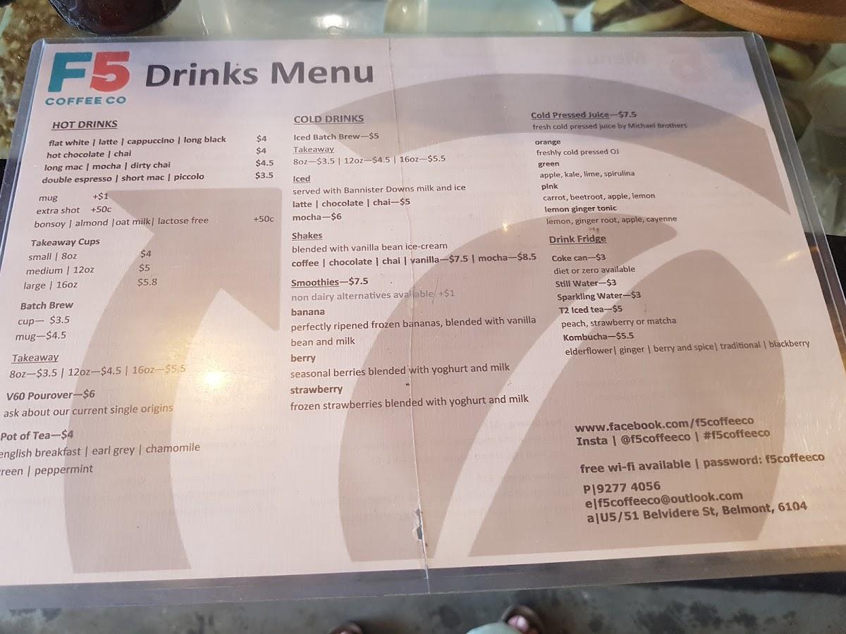 Menu at F5 Coffee and Kitchen cafe, Belmont