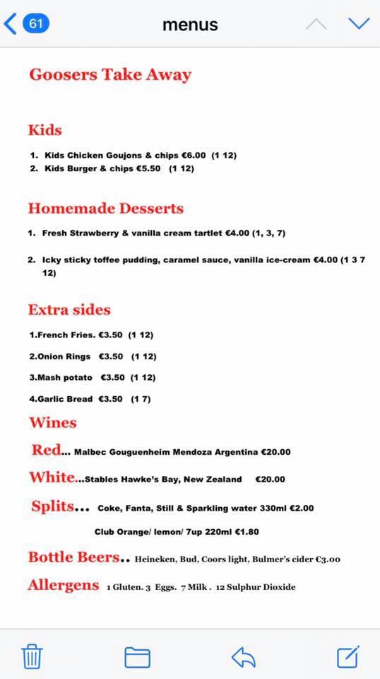 Menu at Goosers Bar & Restaurant, Killaloe
