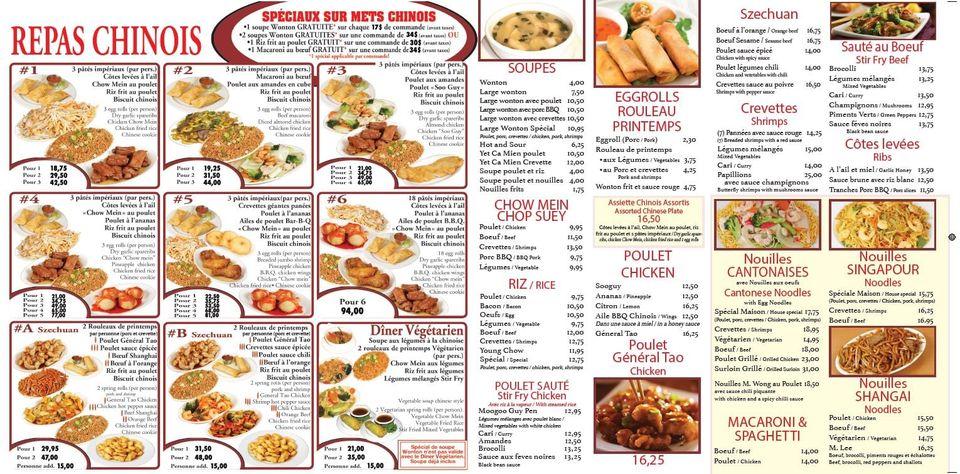 Menu au Nouveau Verdun restaurant, Montréal