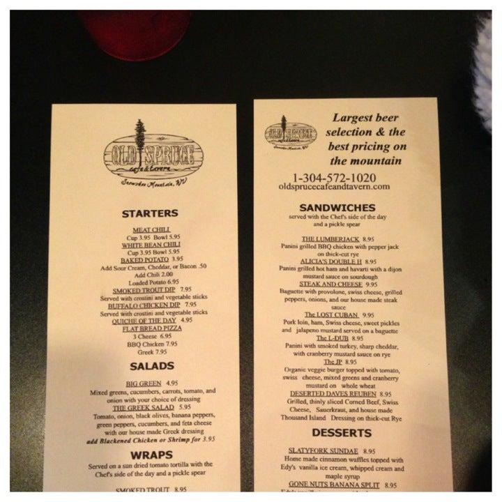 Menu at Old Spruce Tavern pub & bar, Snowshoe