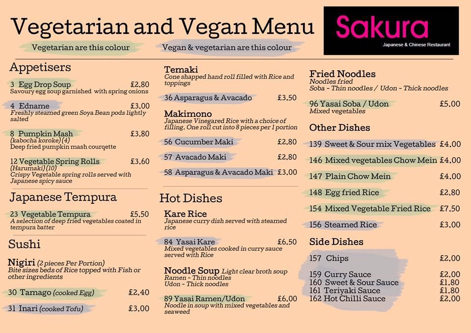 Carta del restaurante Sakura, Lakenheath