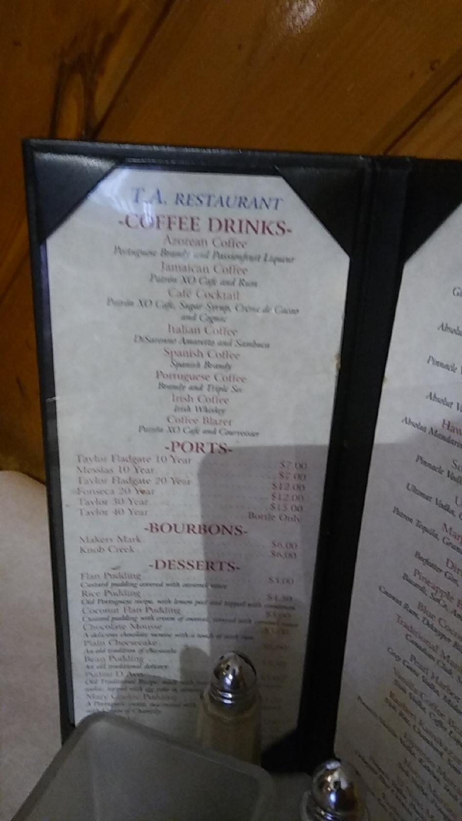 Menu at T.A. Restaurant, Fall River
