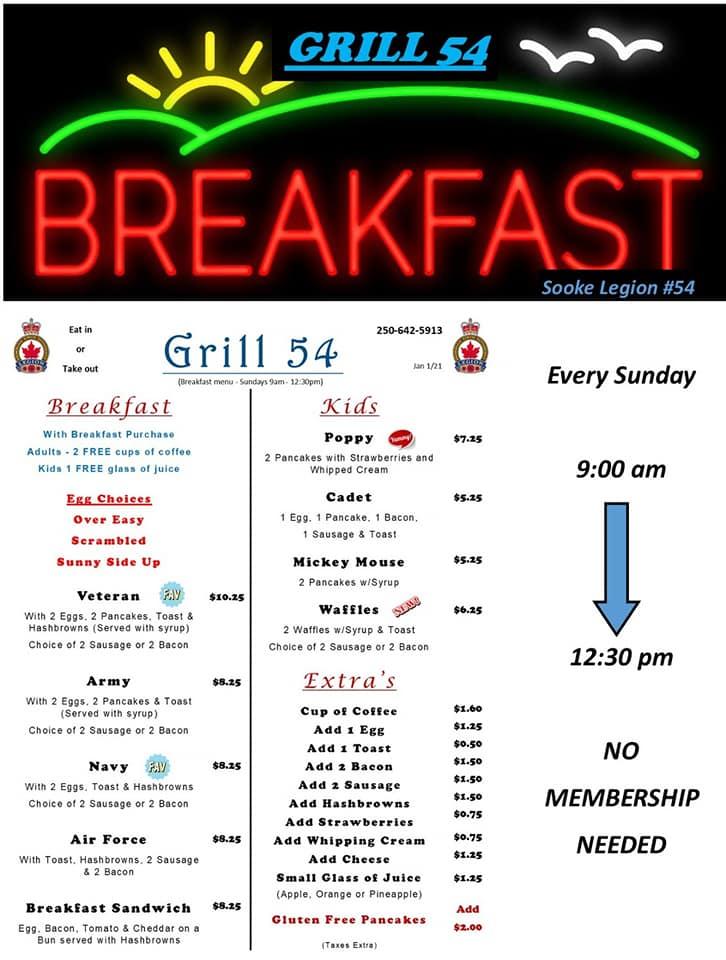 Menu at Royal Canadian Legion Branch #54 Sooke, Sooke