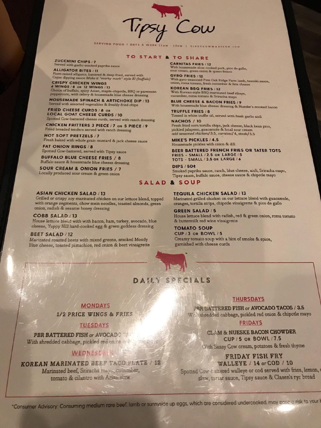Menu at Tipsy Cow Sun Prairie restaurant, Sun Prairie