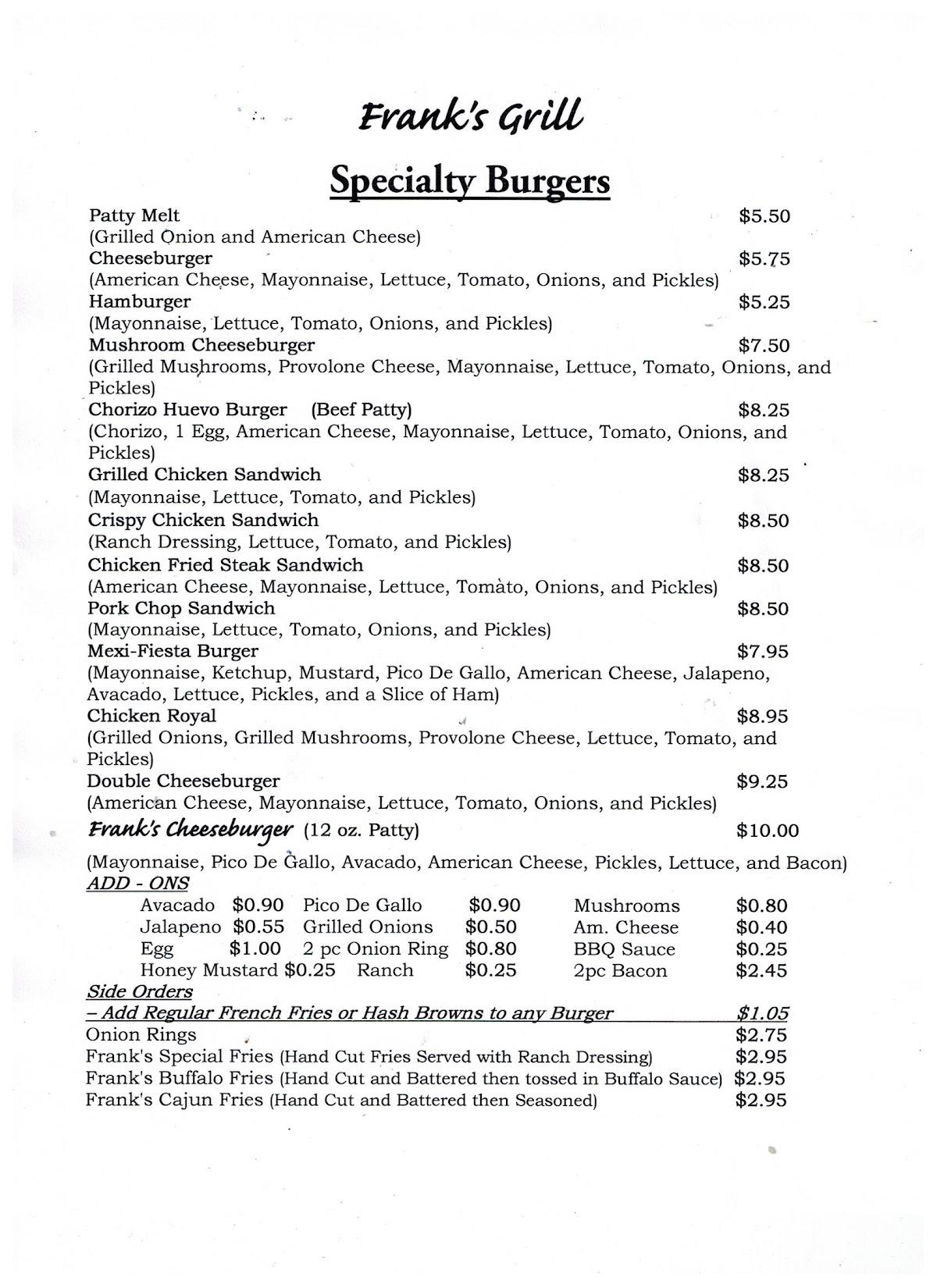 Menu at Frank's Grill restaurant, Houston, Telephone Rd # 100