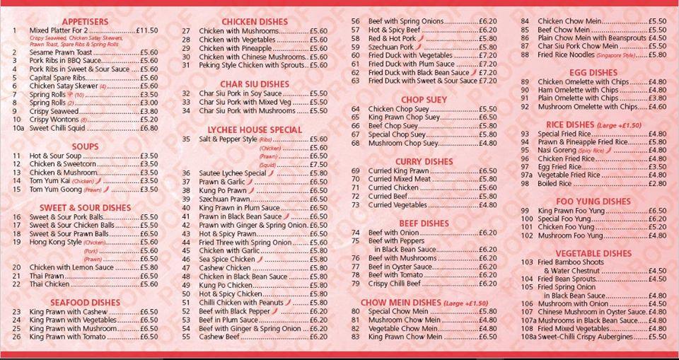 Menu at New Lychee Chinese restaurant, Maidenhead