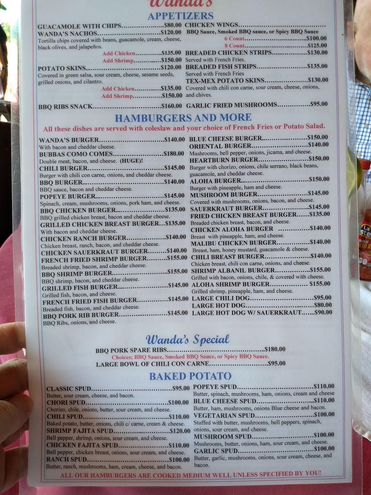 Menu at Wanda's Burger & Ribs restaurant, Rincón de Guayabitos