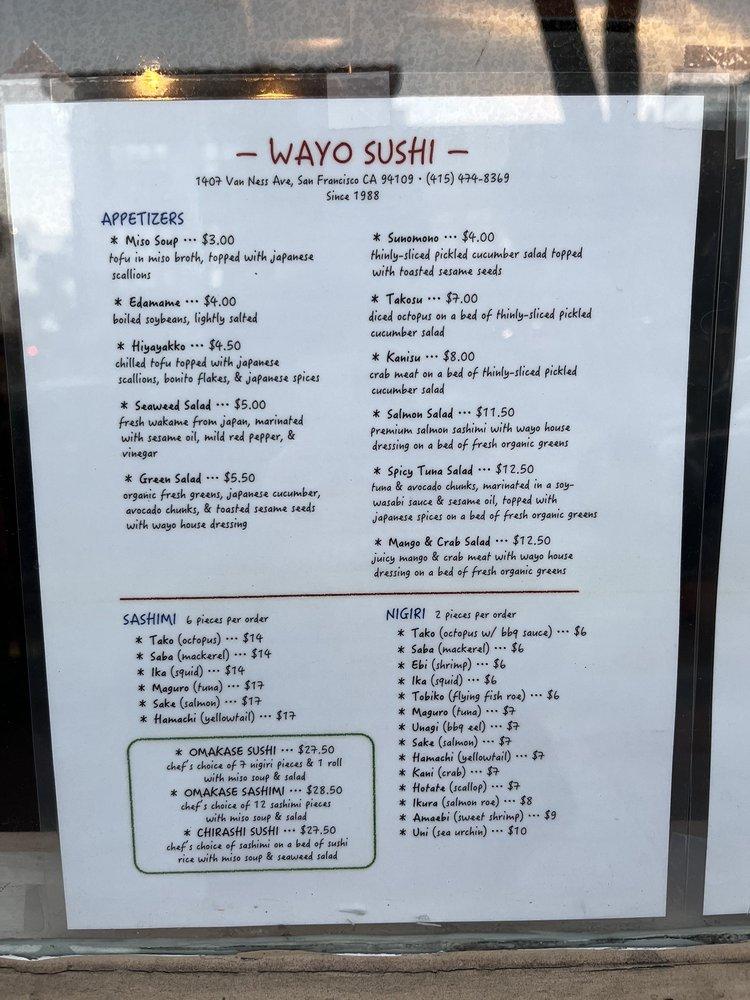 Menu at Wayo Sushi Restaurant, San Francisco