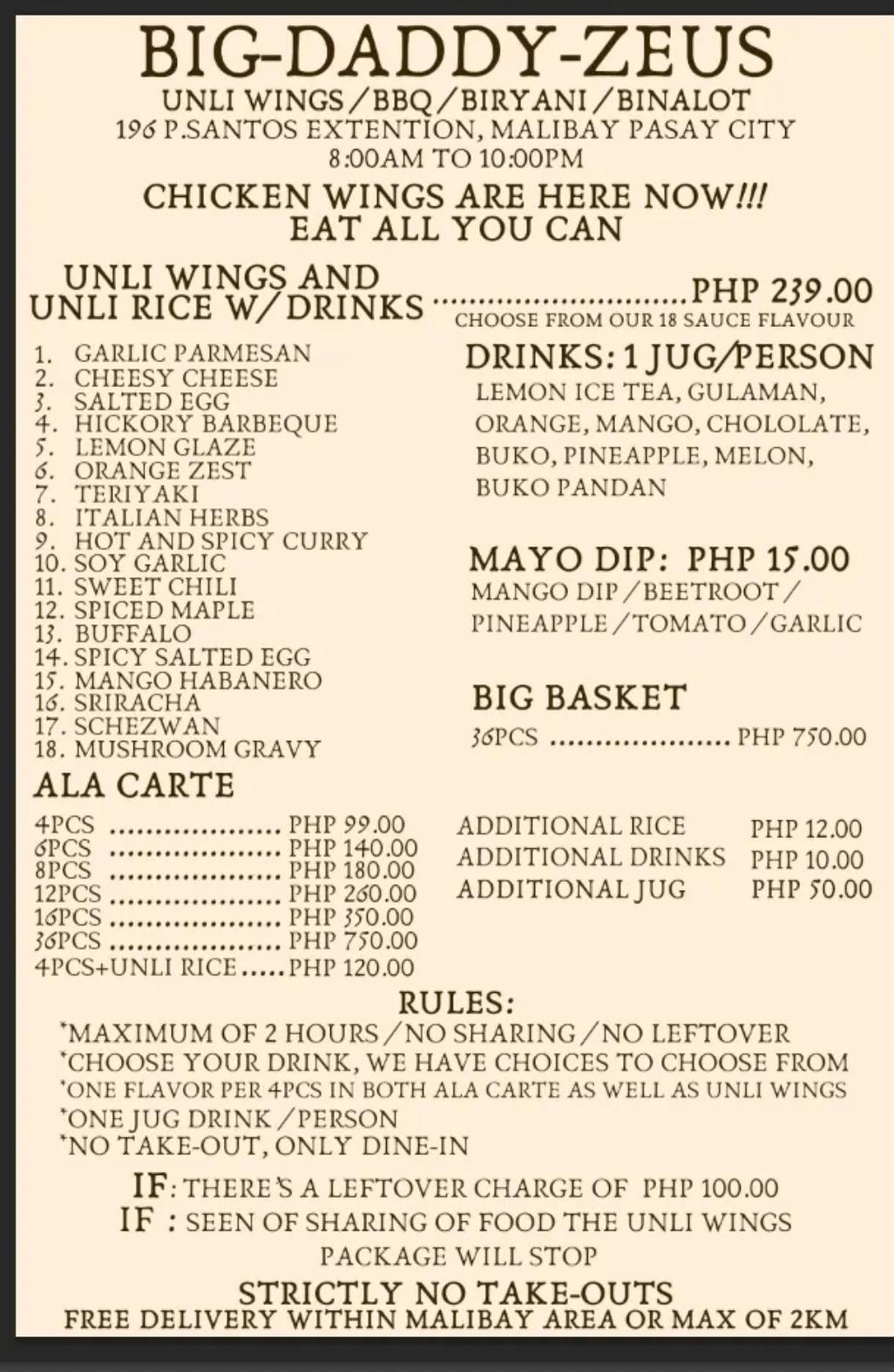 Menu at BIG-DADDY-ZEUS restaurant, Pasay