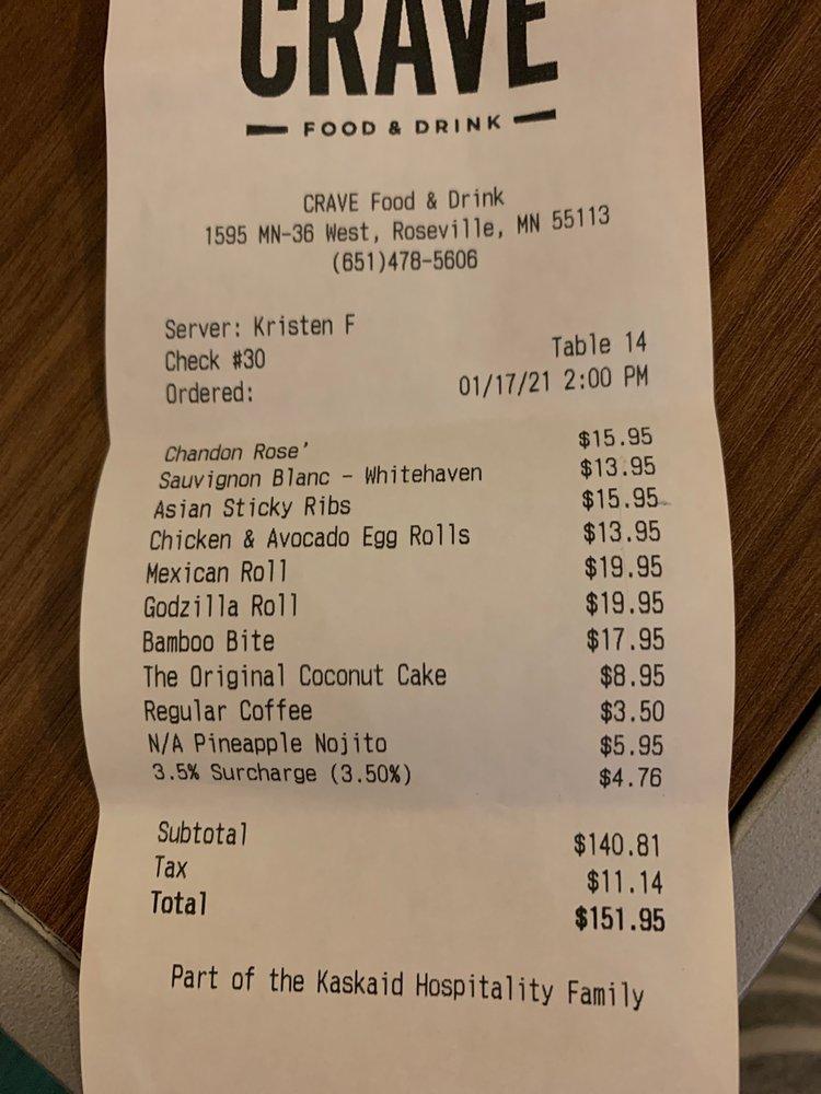 Menu at CRAVE American Kitchen & Sushi Bar (Rosedale Center - Roseville ...