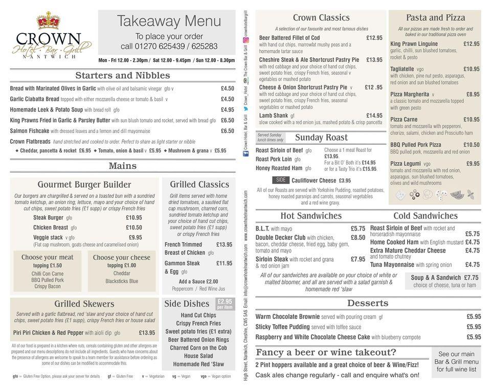Menu at Crown Hotel, Bar & Grill, Nantwich
