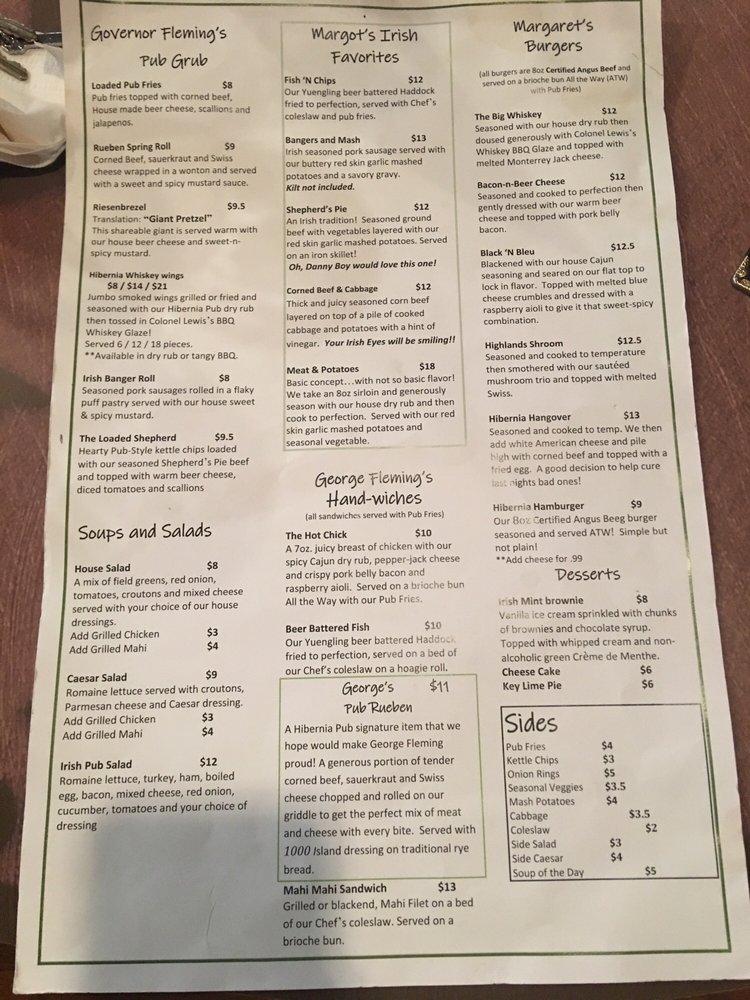 Menu at Hibernia Pub, Fleming Island