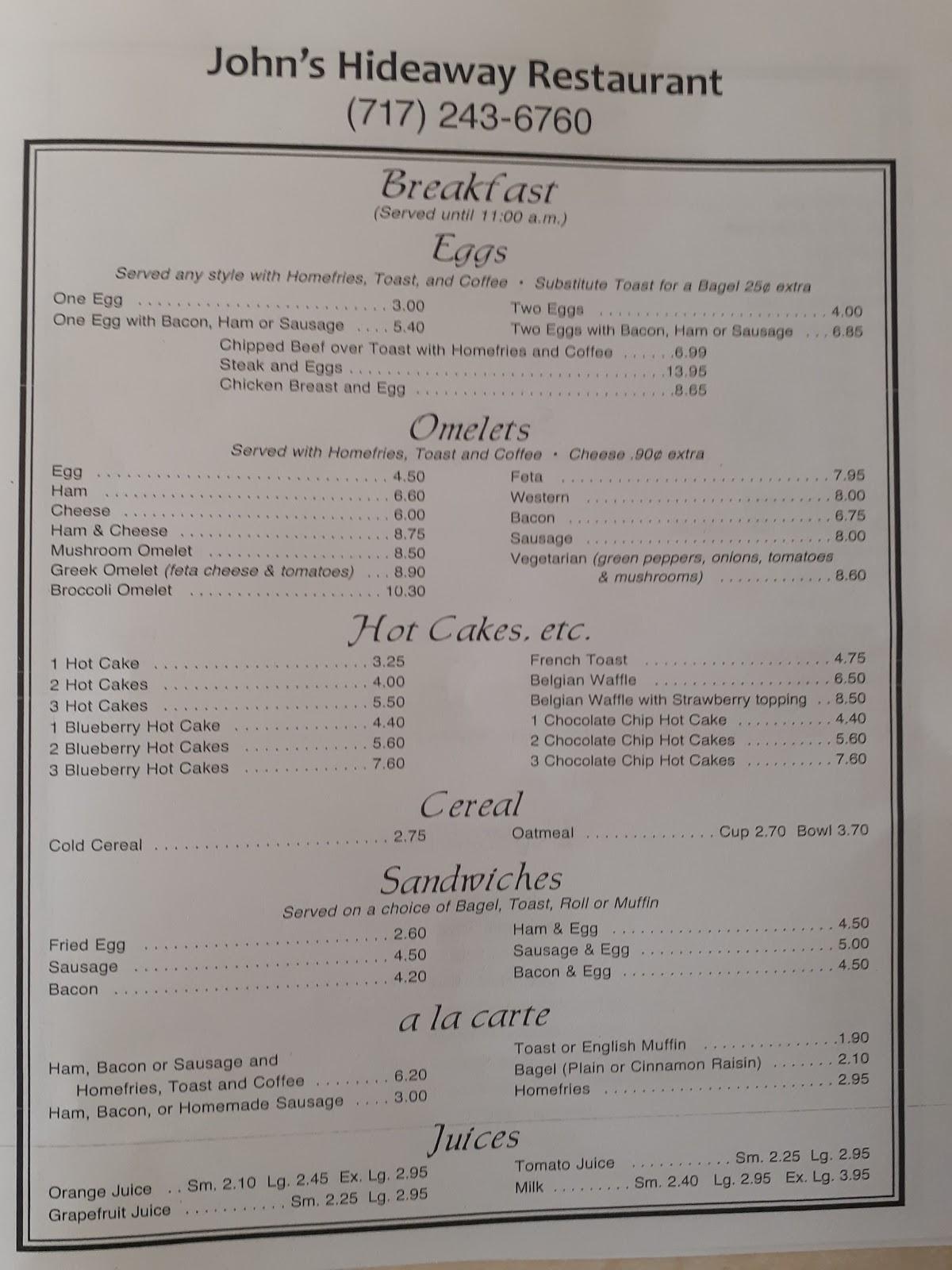 Menu at John's Hideaway Restaurant, Carlisle