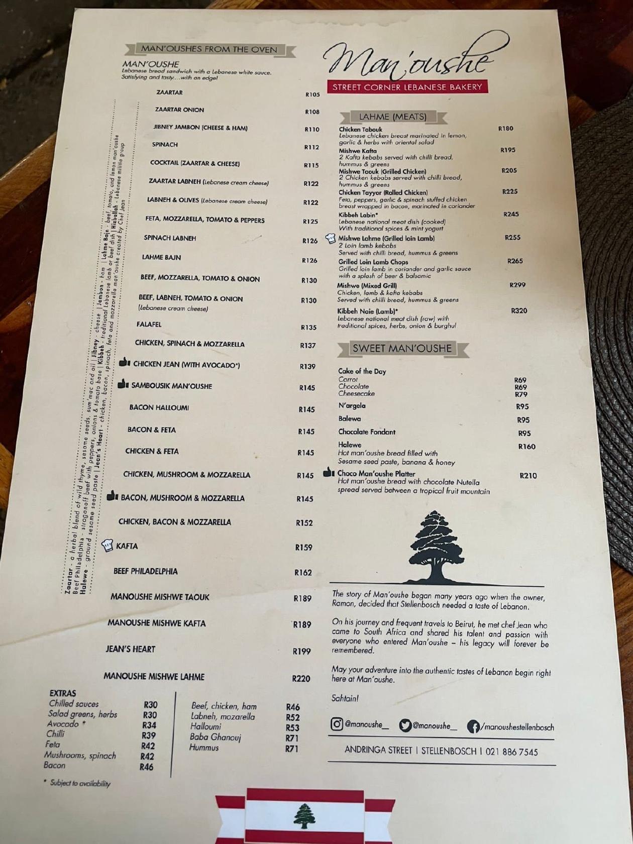 Menu at Man'oushe restaurant, Stellenbosch