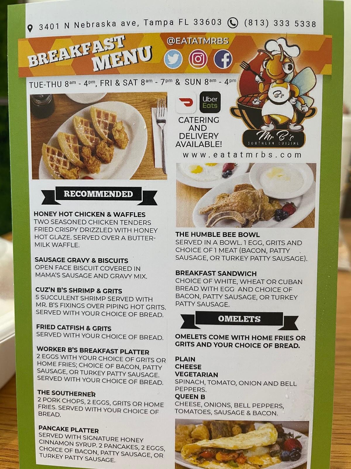 Menu at Mr B's Restaurant, Tampa