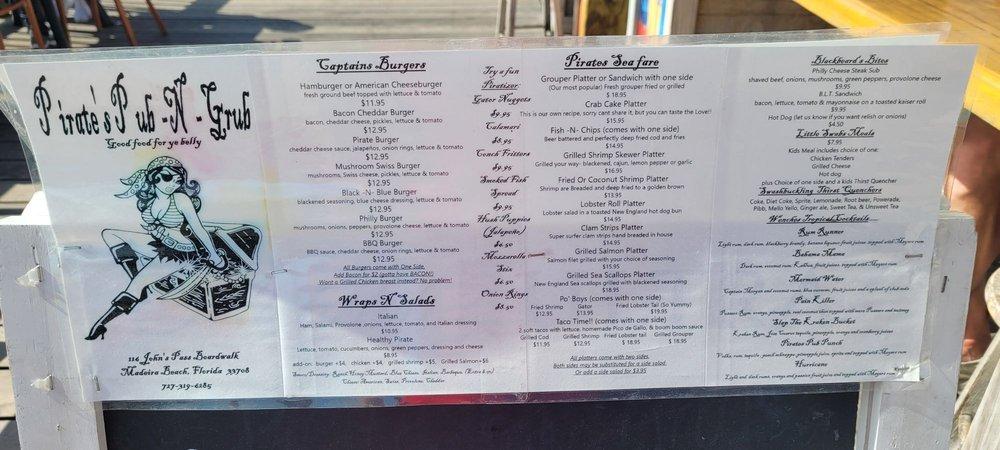Menu at Pirates Pub & Grub, Madeira Beach