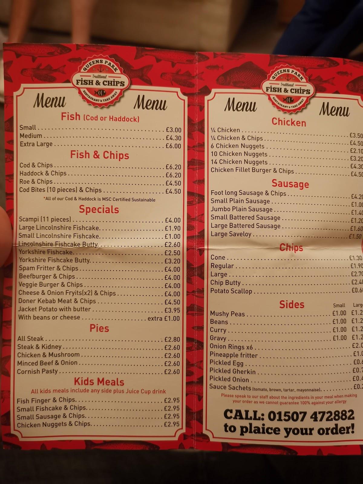 Menu at Queens Park Fish & Chip shop restaurant, Mablethorpe