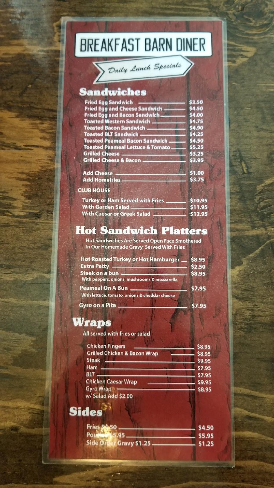 Menu at The Breakfast Barn Diner, Port Colborne