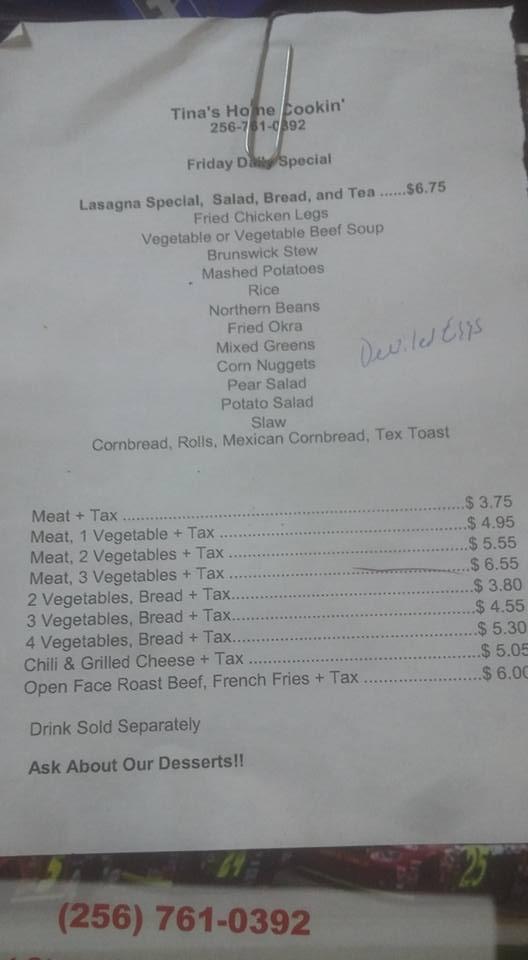Menu at Tina's Home Cookin' restaurant, Talladega