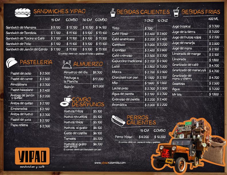 Menu at Yipao Sandwich y Café, Bogotá