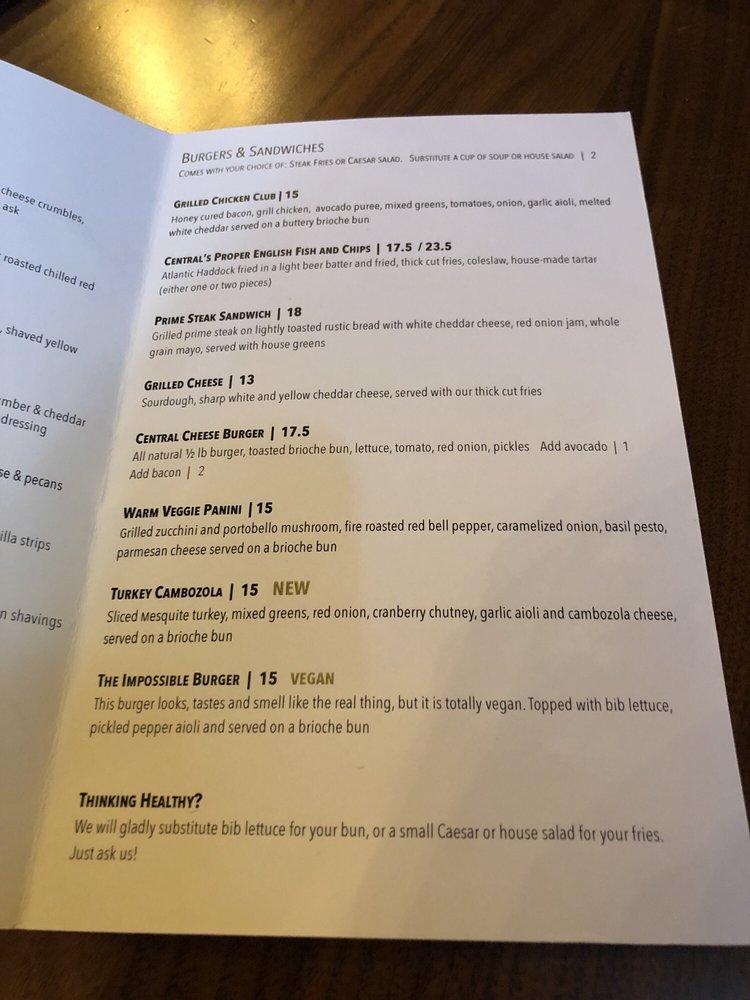 Menu at Central Bar + Restaurant, Bellevue
