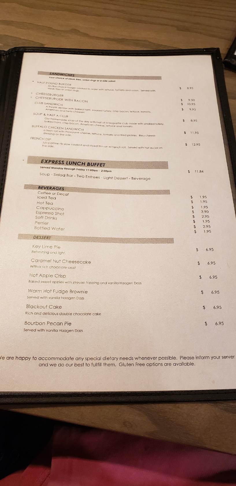 Menu at Cooper's Restaurant, Alcoa