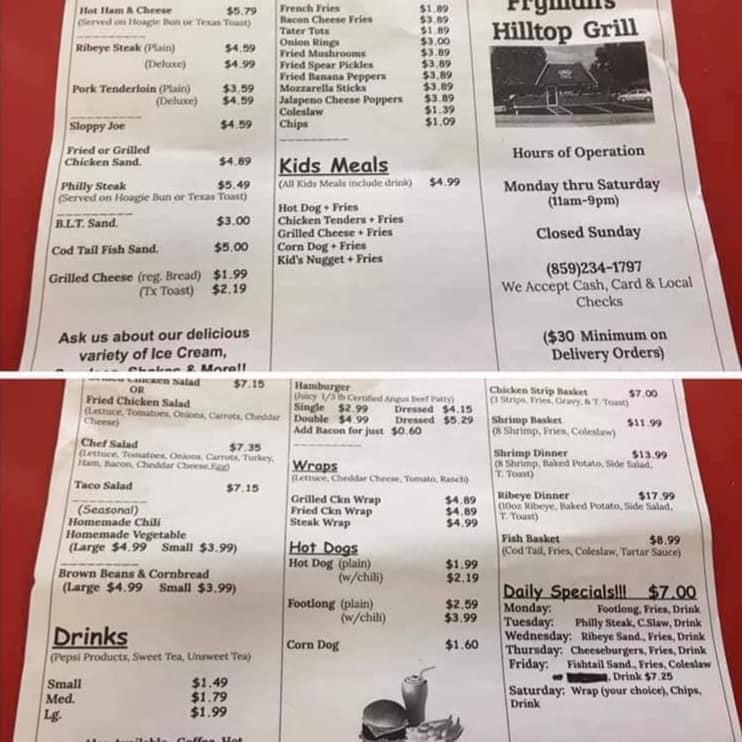 Menu at Hill Top Grill restaurant, Cynthiana