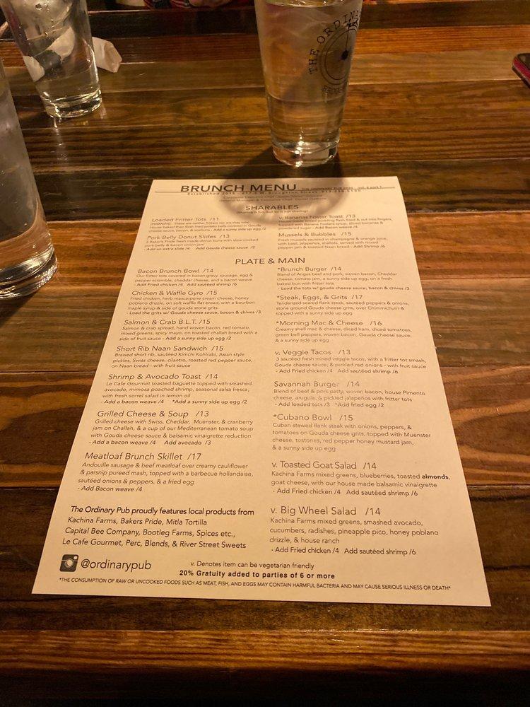 Menu at The Ordinary Pub, Savannah